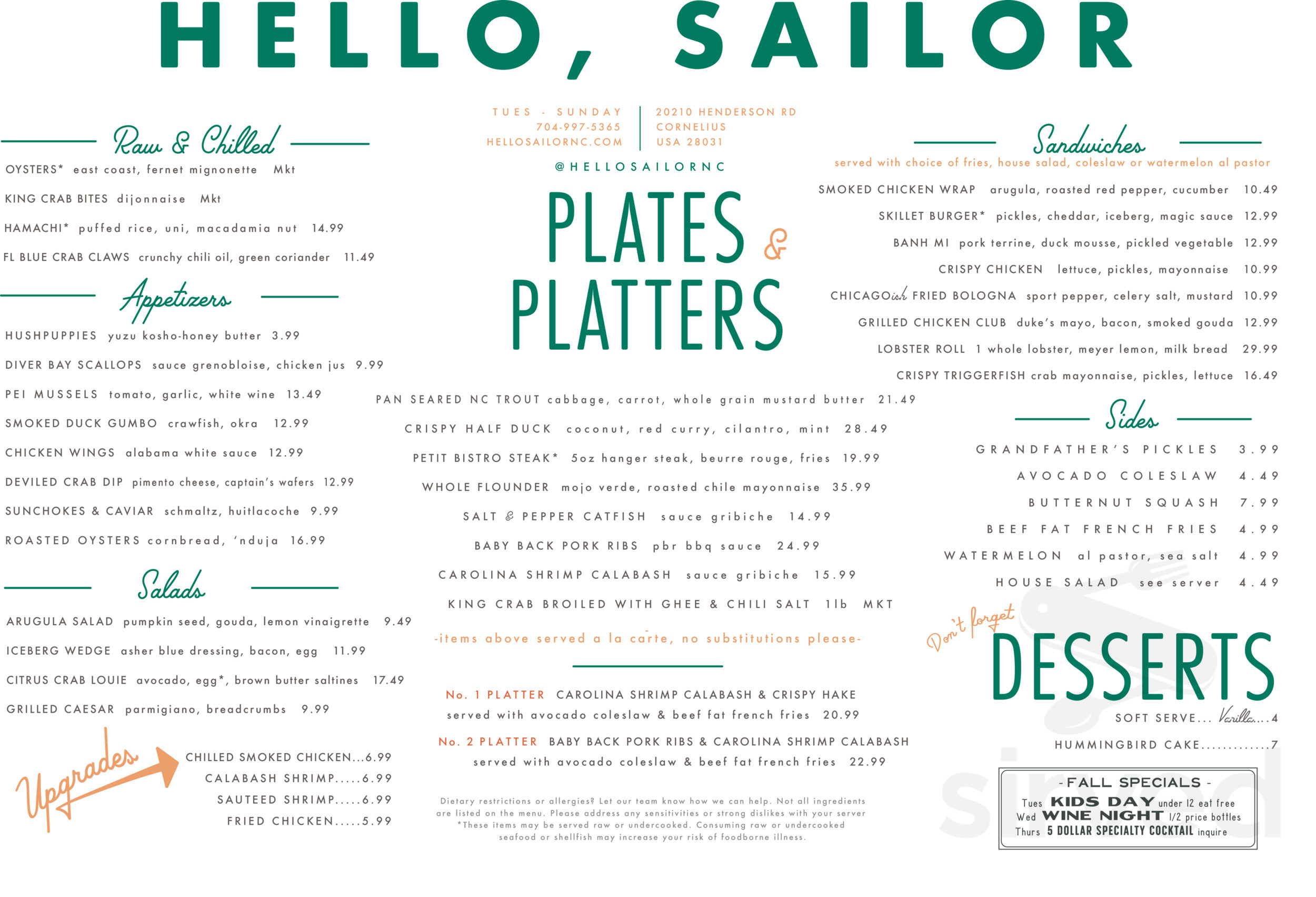 Hello, Sailor menus in Cornelius, North Carolina, United States