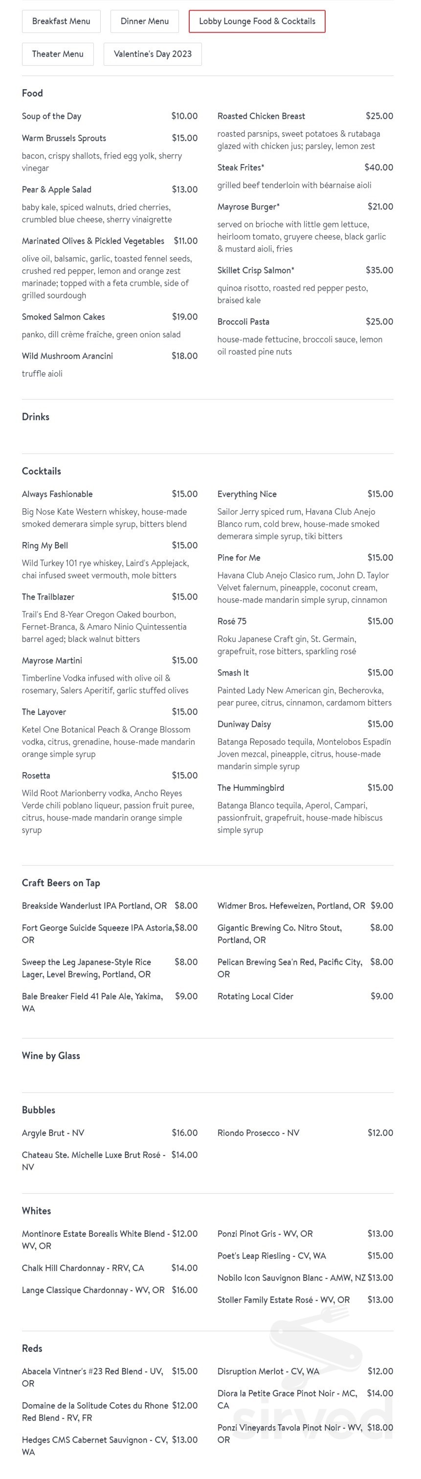 Mayrose menu in Portland, Oregon, USA