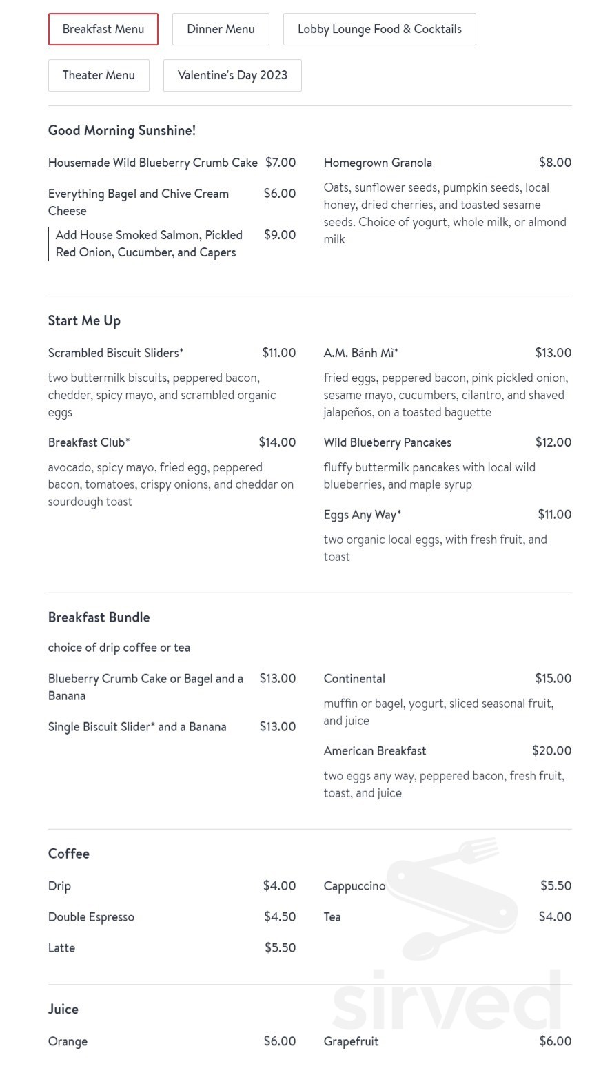 Mayrose menu in Portland, Oregon, USA