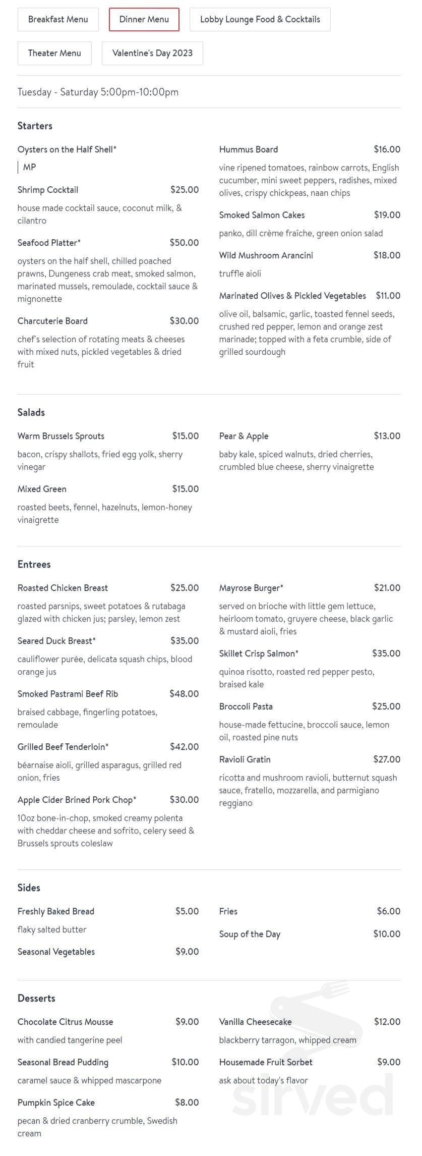 Mayrose menu in Portland, Oregon, USA