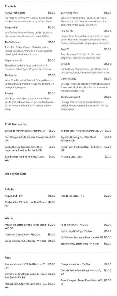 Mayrose menu in Portland, Oregon, USA