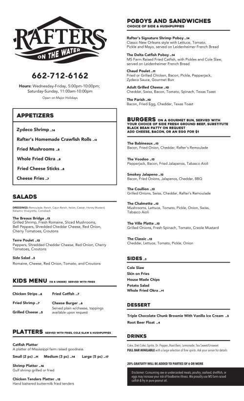 Rafters On The Water menu in Sardis, Mississippi, USA