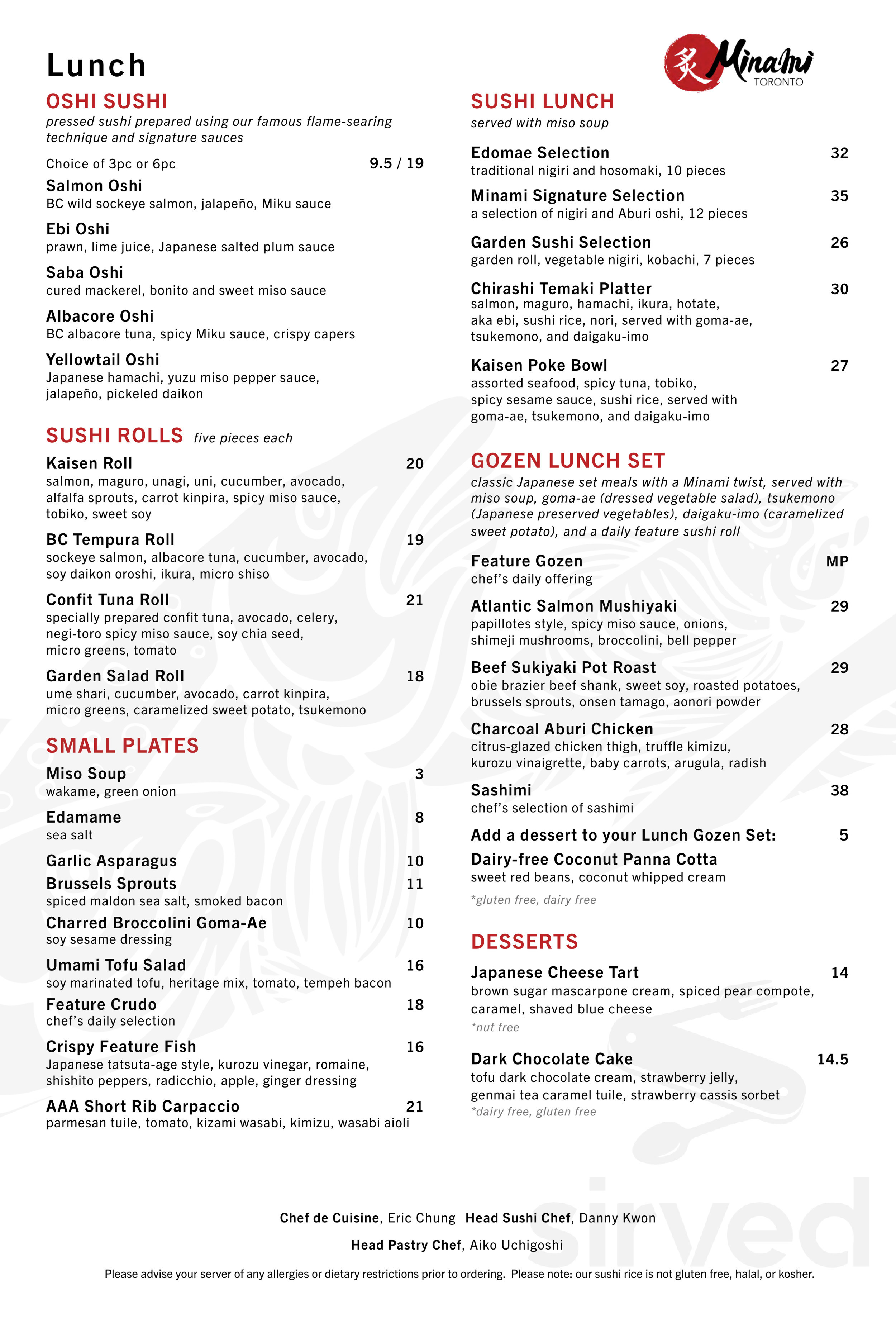 Menu - Toronto ON's Minami Toronto | Sirved
