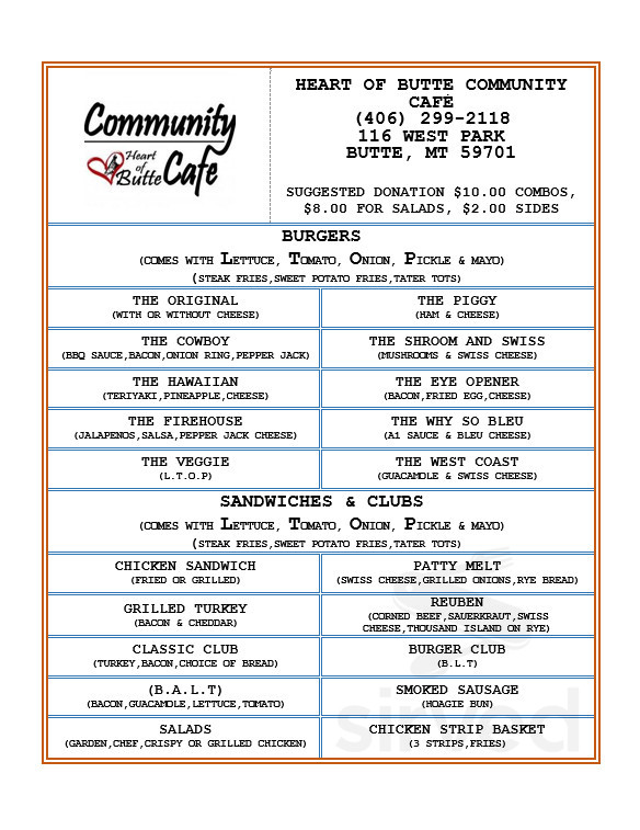 Menu for Heart of Butte - Community Cafe in Butte, MT | Sirved