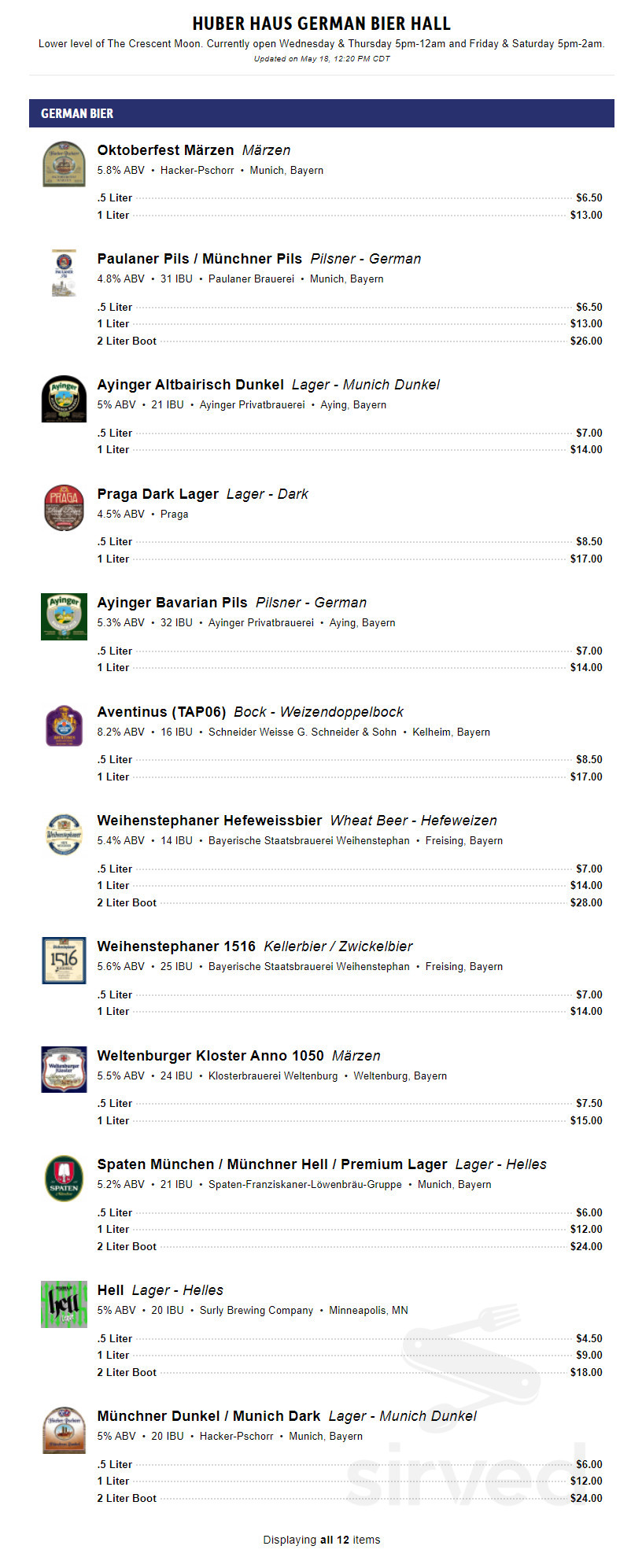 Crescent Moon menu in Omaha, Nebraska, USA