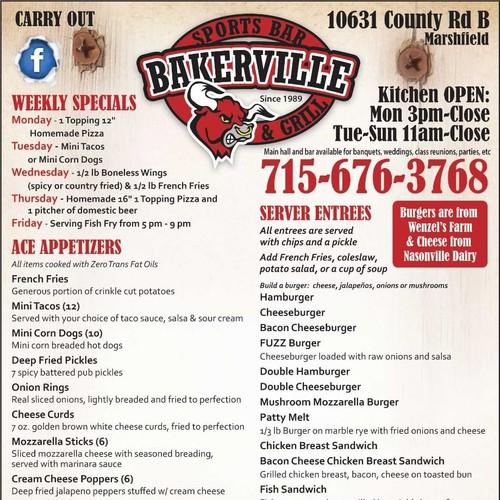 Bakerville Sports Bar & Grill menu in Marshfield, Wisconsin, USA