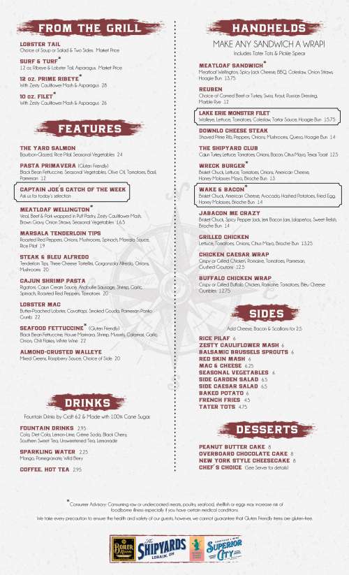 The Shipyards menu in Lorain, Ohio, USA