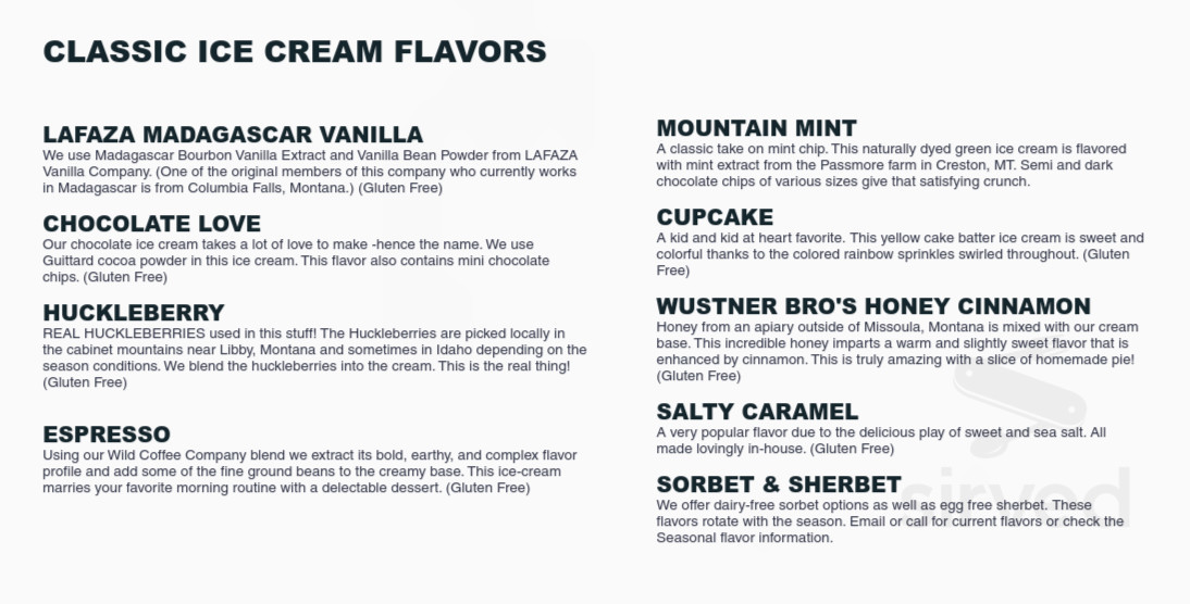 Sweet Peaks Ice Cream Menu In Missoula Montana Usa