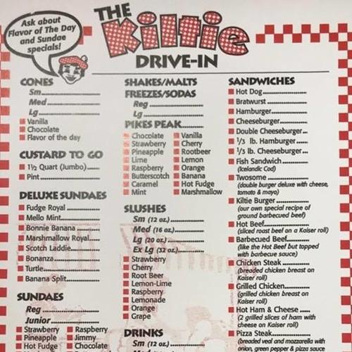 Kiltie Drive-In menu in Oconomowoc, Wisconsin, USA