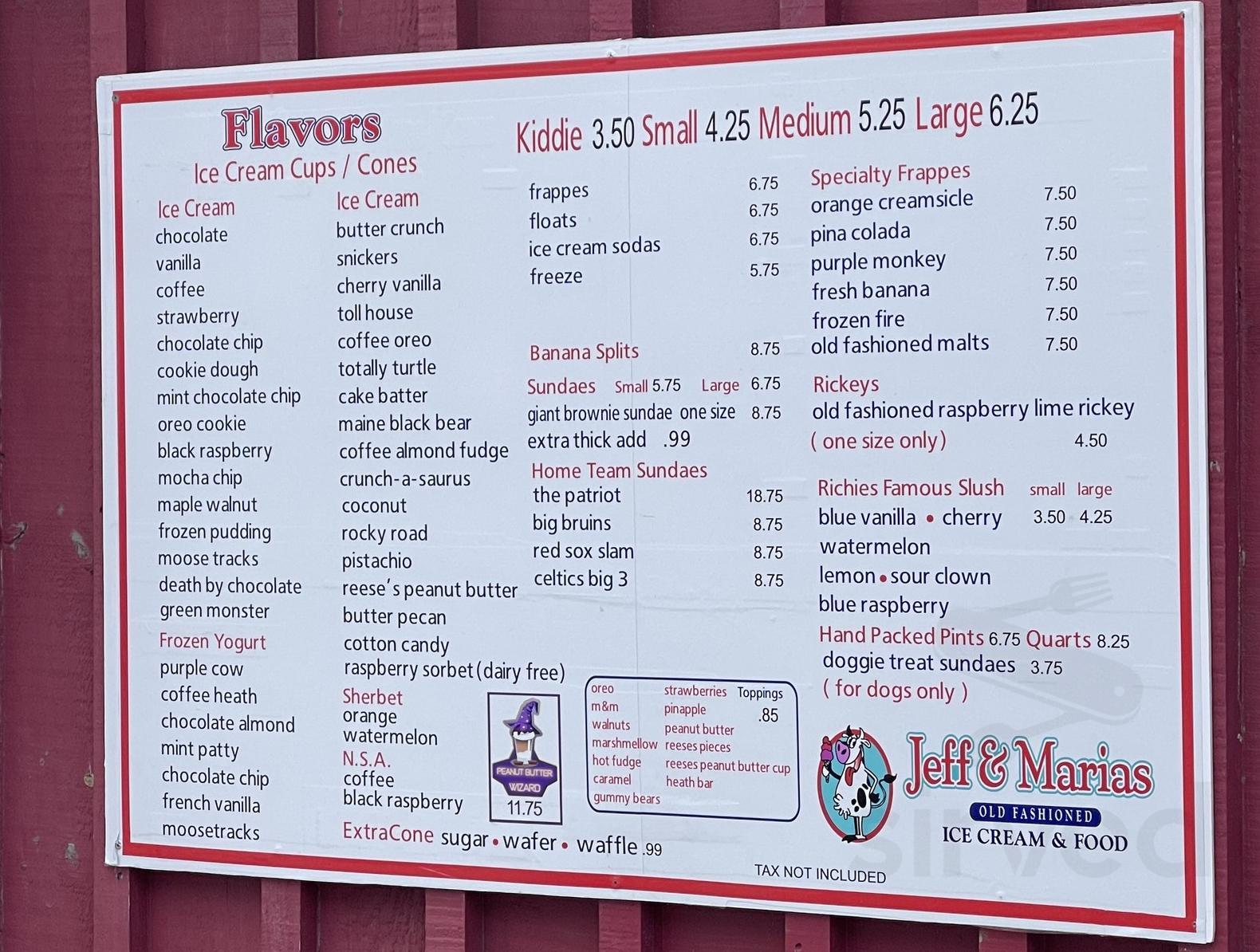 Menu - Groveland MA's Jeff and Maria's Old Fashioned Ice Cream and Food ...