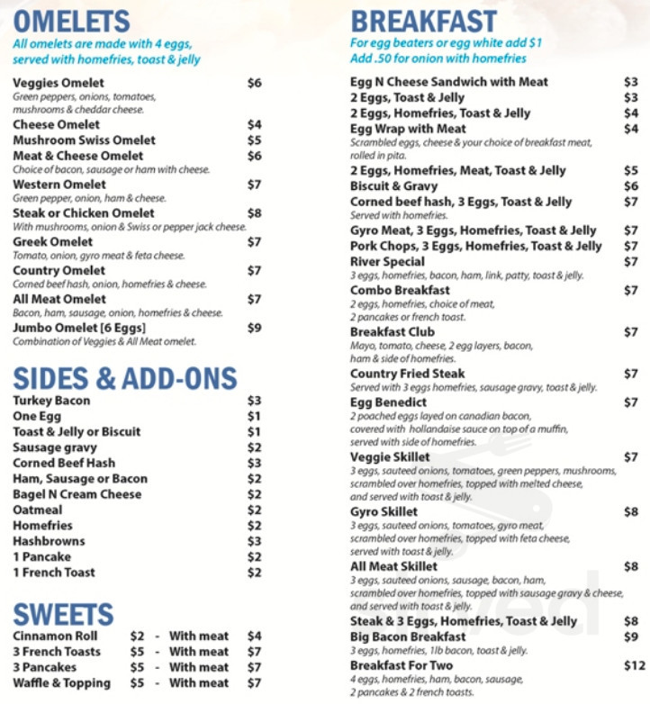 River Diner menu in Toledo, Ohio, USA