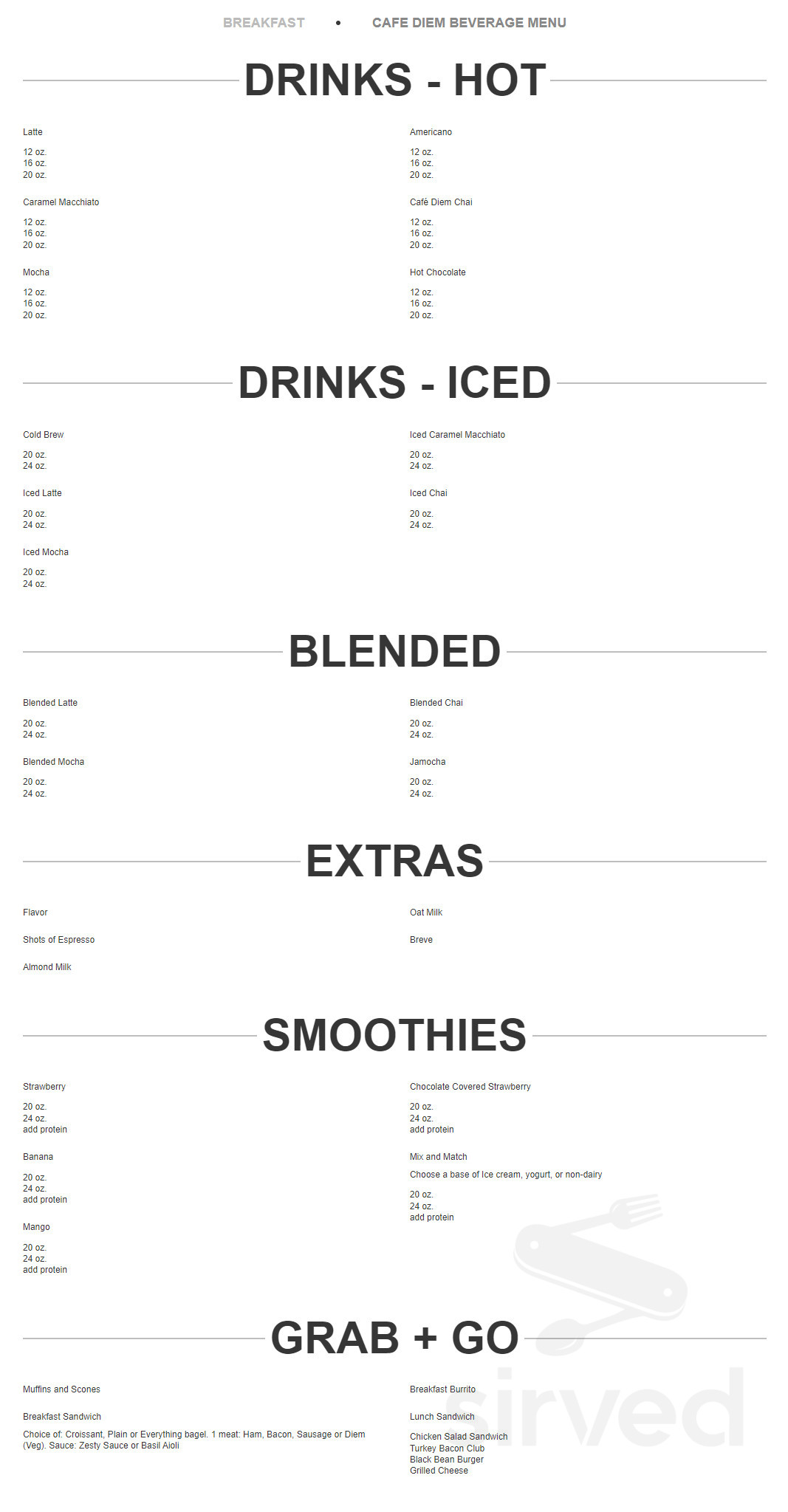 Cafe Diem menu in Ankeny, Iowa, USA