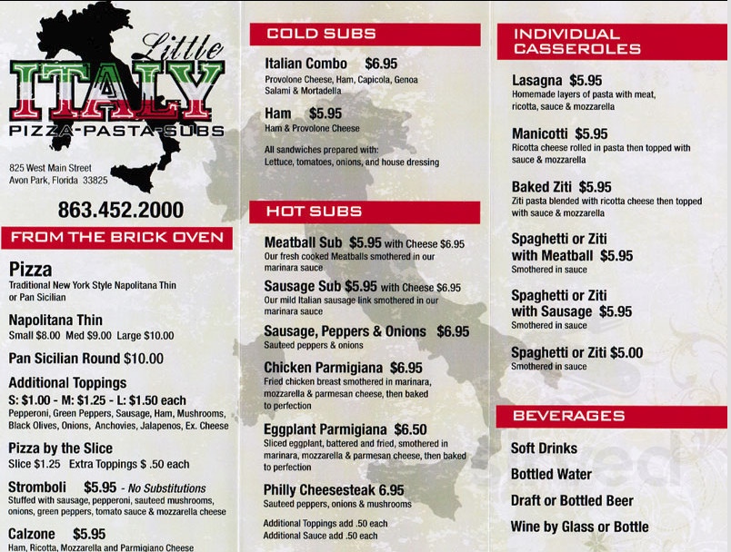 Little Italy Restaurant menus in Avon Park, Florida, United States