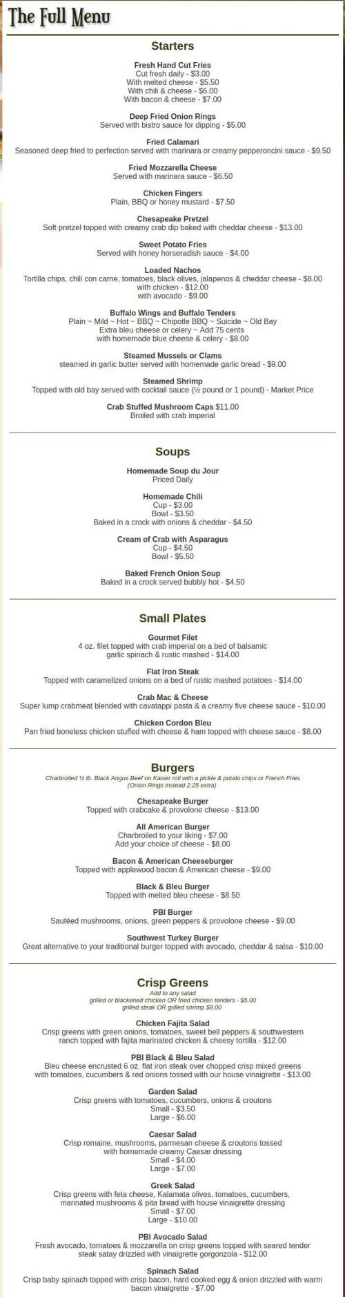 Peach Bottom Inn menu in Delta, Pennsylvania, USA