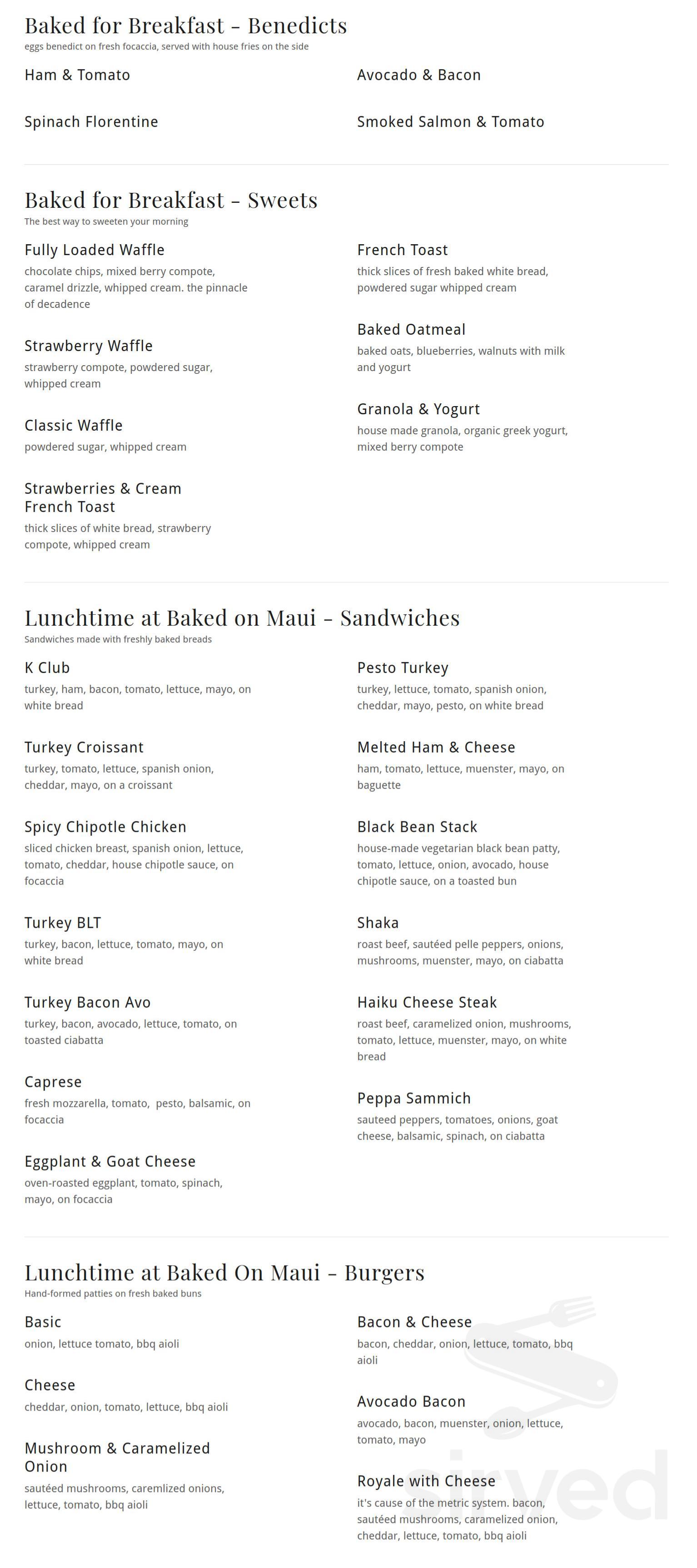Menu - Haiku HI's Baked On Maui | Sirved