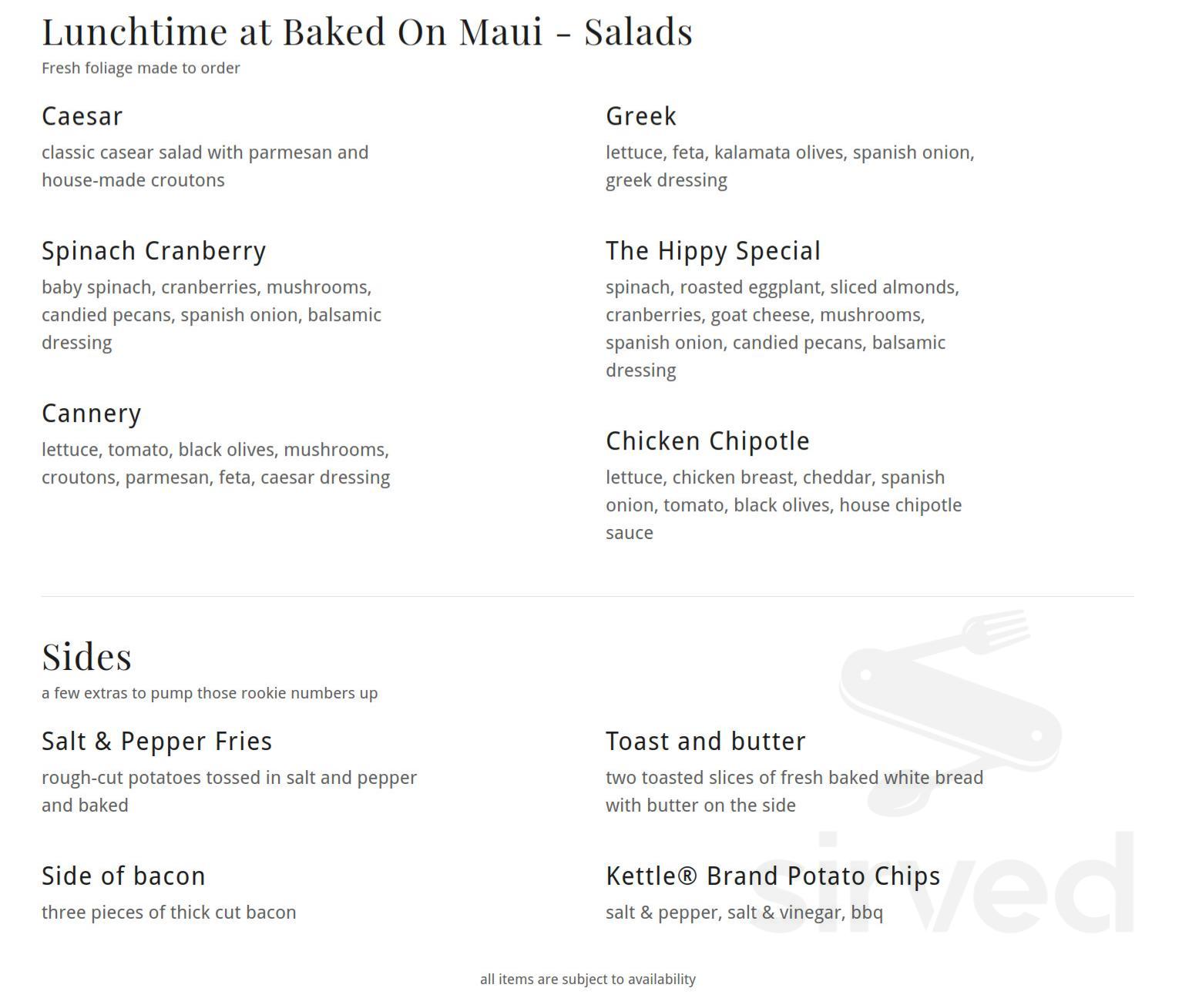 Menu - Haiku HI's Baked On Maui | Sirved