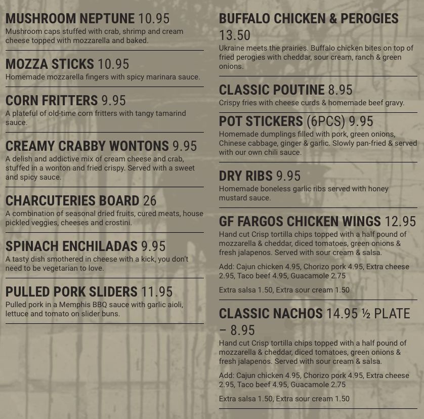 Fargos Restaurant and Lounge menu in Edmonton, Alberta, Canada