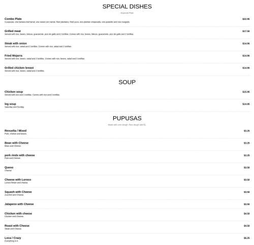 Pupusas House menu in Aurora, Colorado, USA