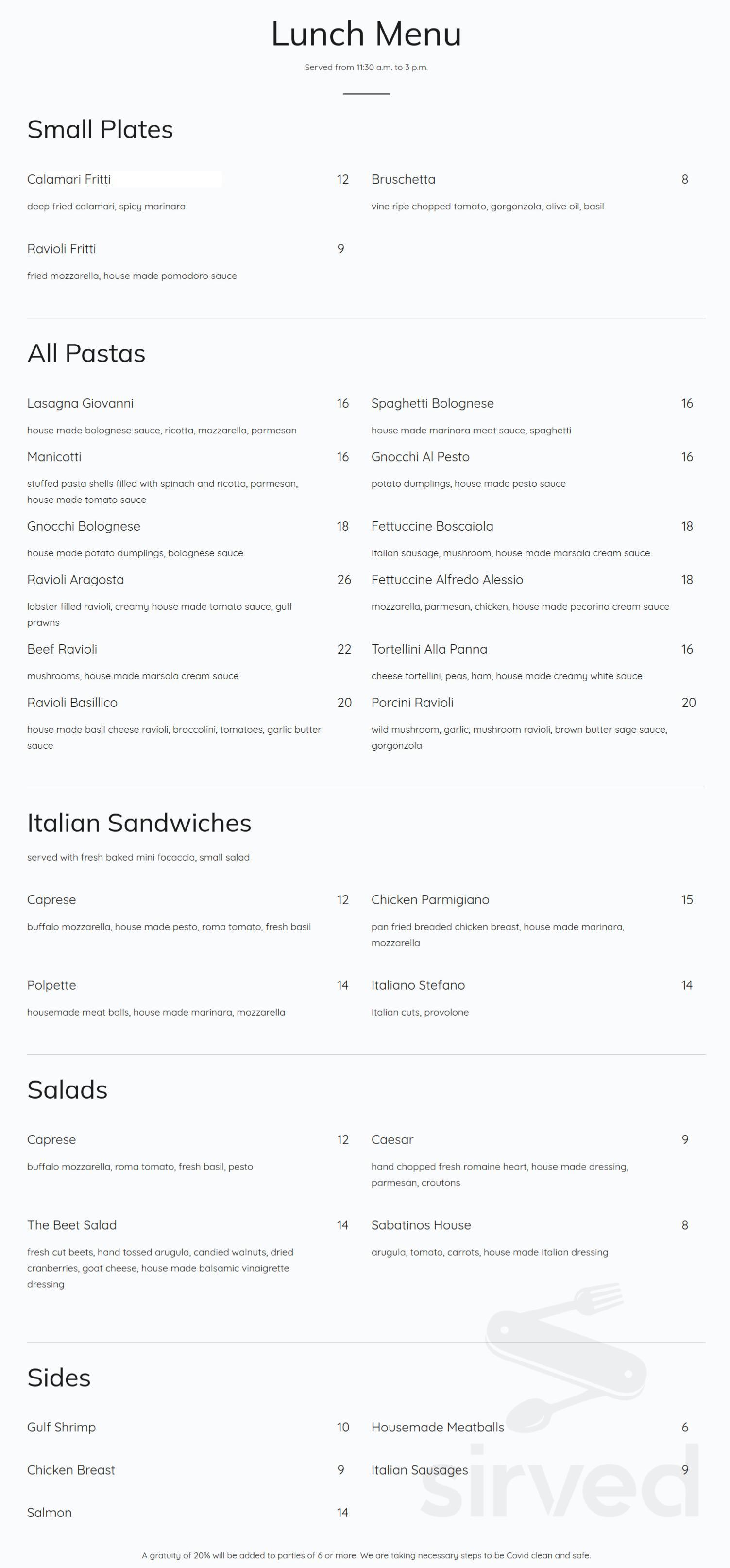 Sabatino's Italian Ristorante menus in Rapid City, South Dakota, United ...