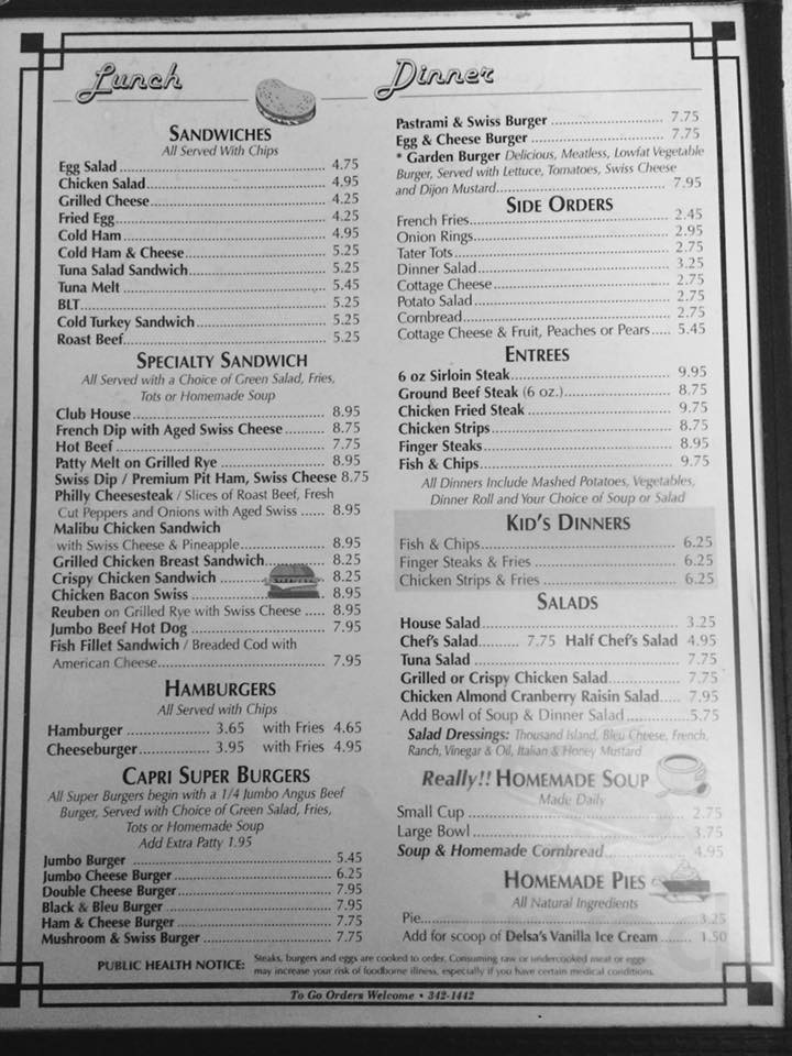 Menu - Boise ID's Capri Restaurant | Sirved