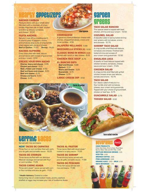 El Rancho menu in Ludington, Michigan, USA