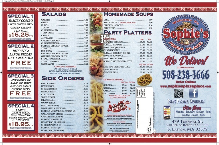 Sophie's Pizza Place menu in South Easton, Massachusetts, USA