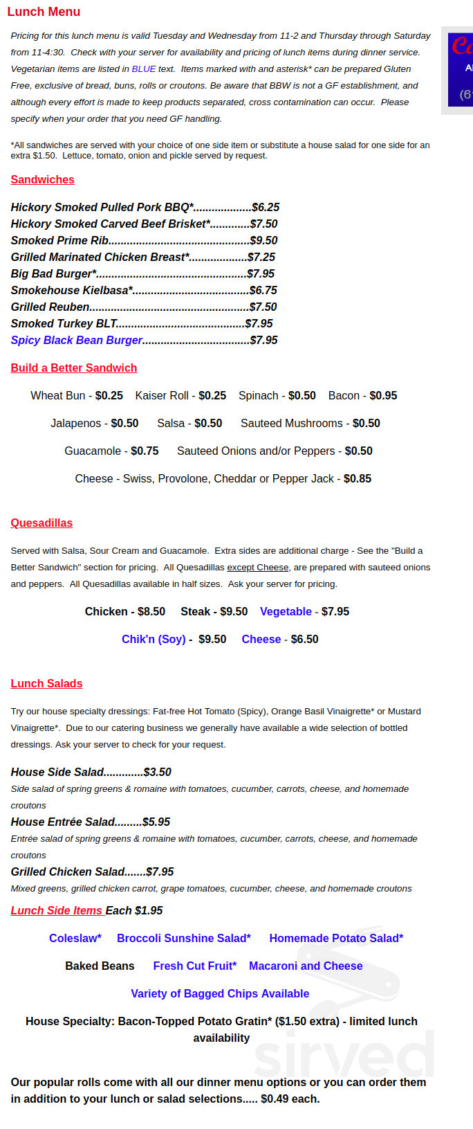 Big Bad Wolf Smokehouse Grill menu in Mt. Juliet, Tennessee, USA