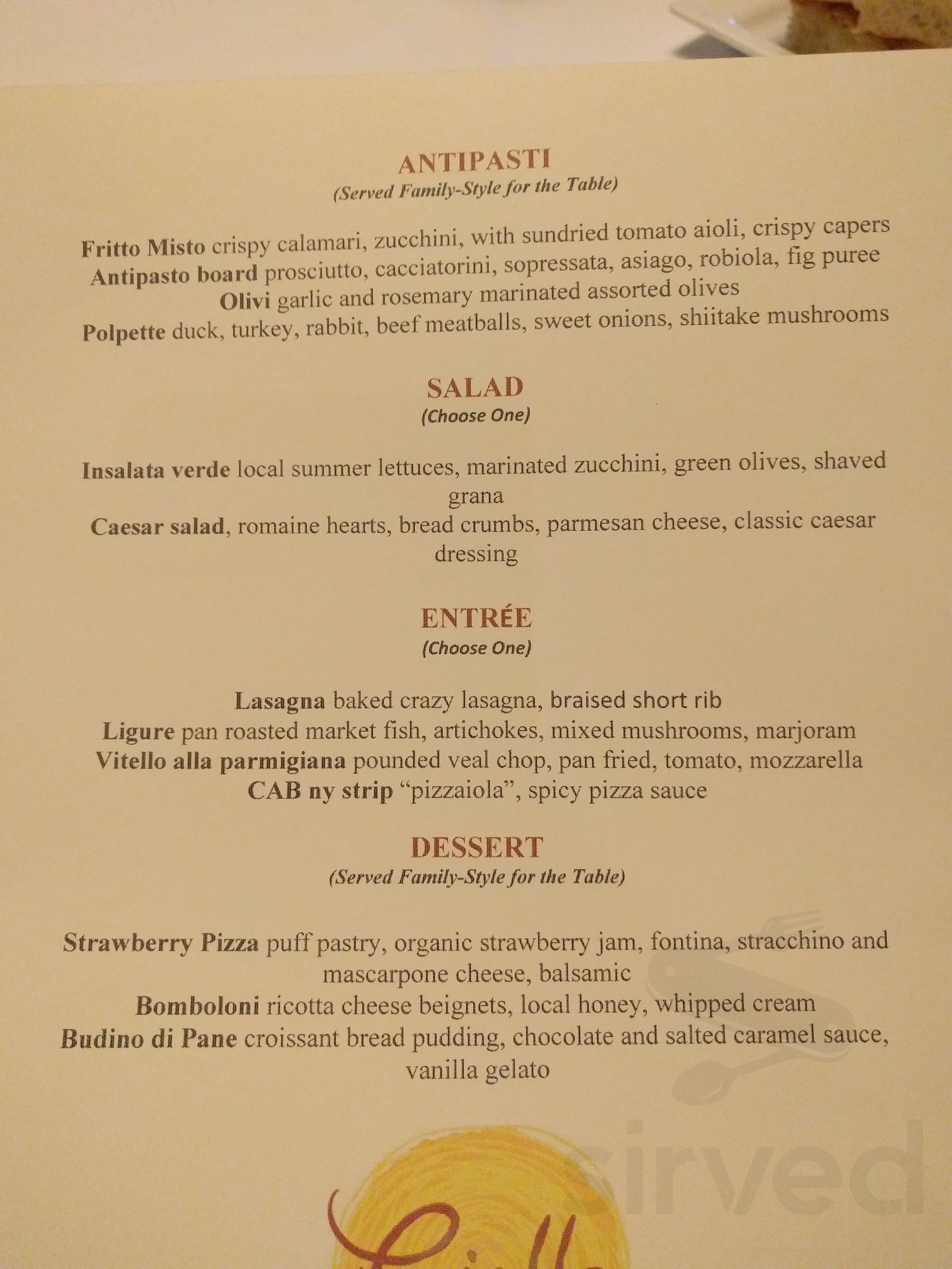 il Giallo Osteria & Bar menu in Sandy Springs, Georgia, USA