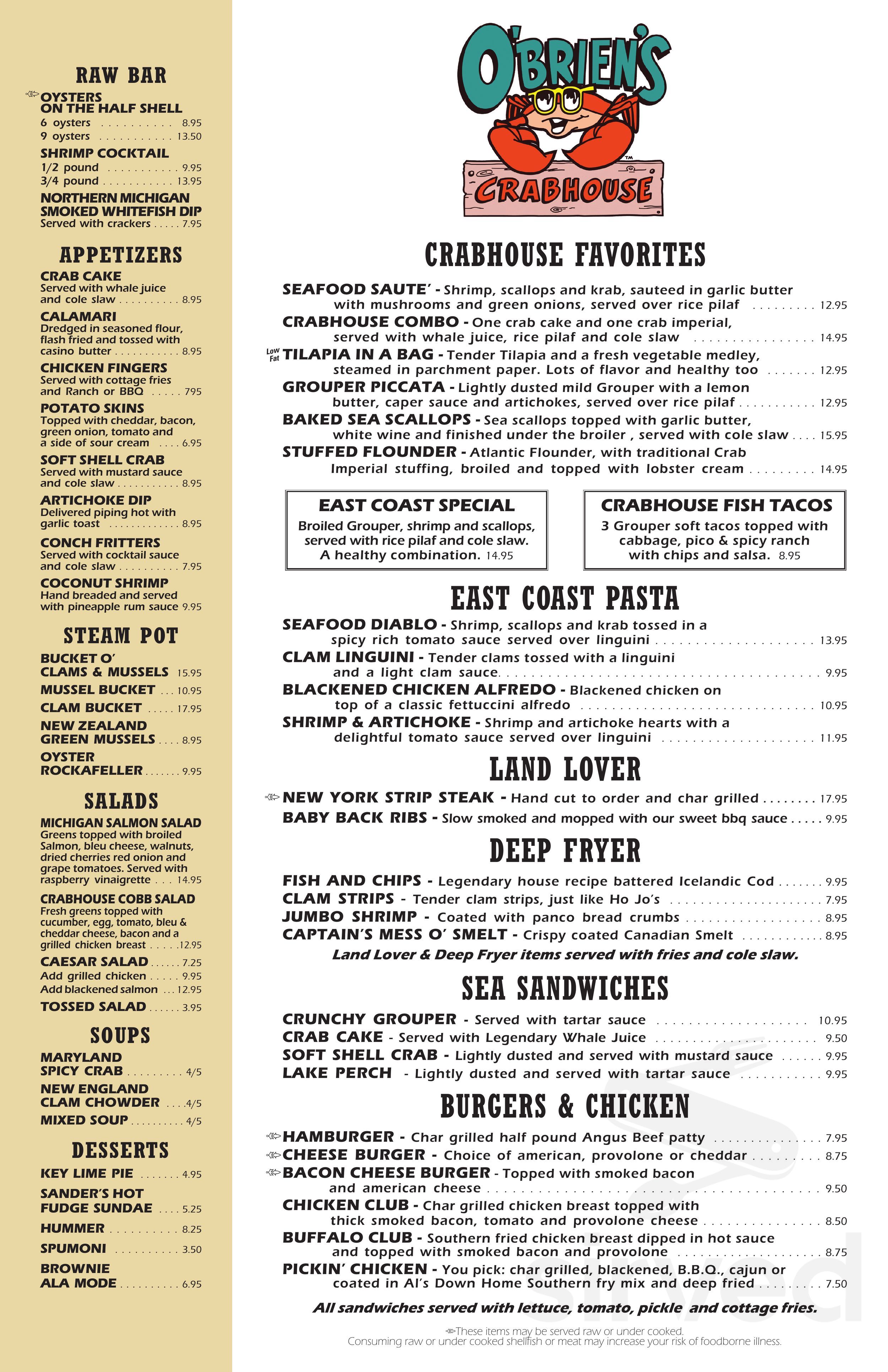 O'Brien's Crabhouse menu in Auburn Hills, Michigan, USA