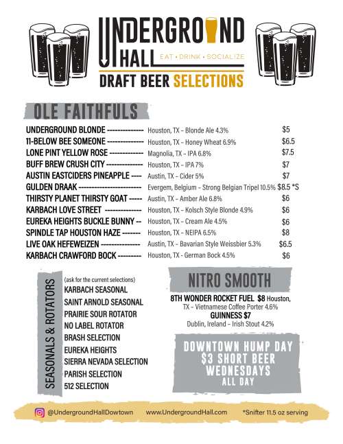 Underground Hall menu in Houston, Texas, USA
