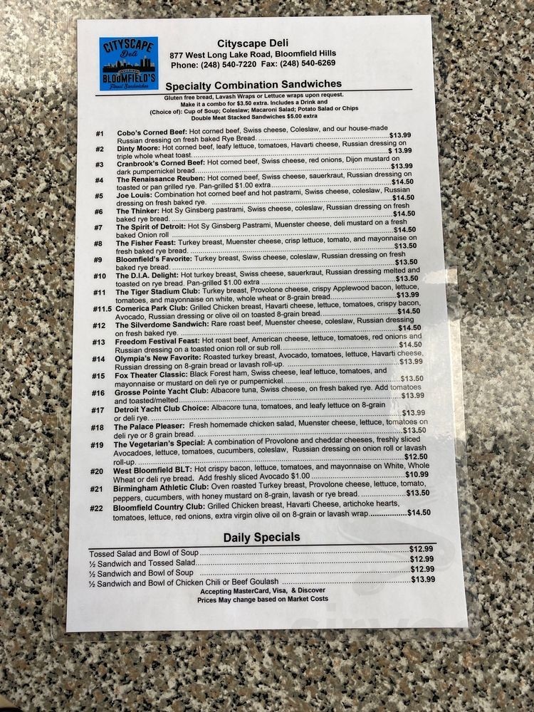 CityScape Deli menu in Bloomfield Twp, Michigan, USA