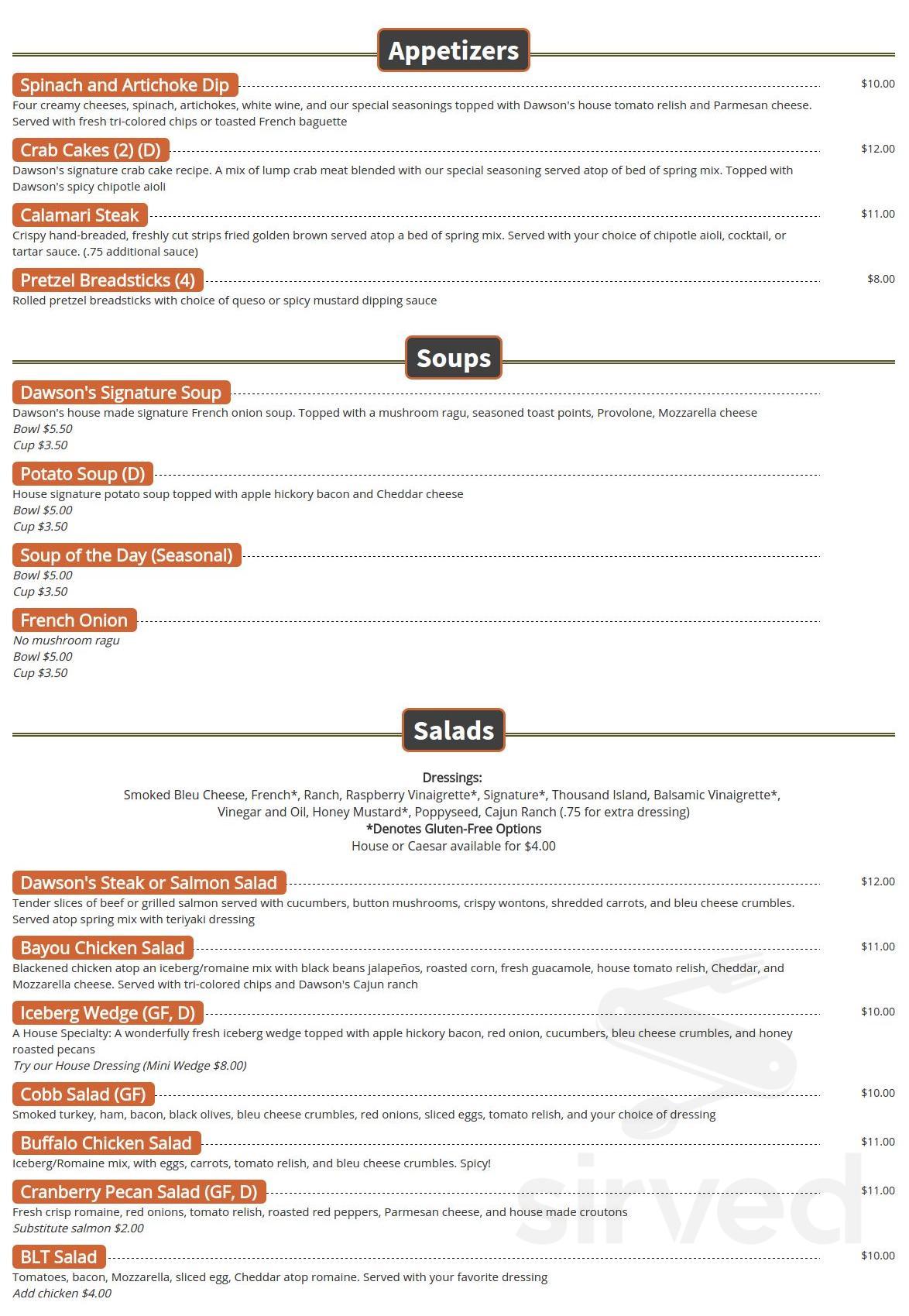 Menu for Dawson's On Main in Indianapolis, IN | Sirved
