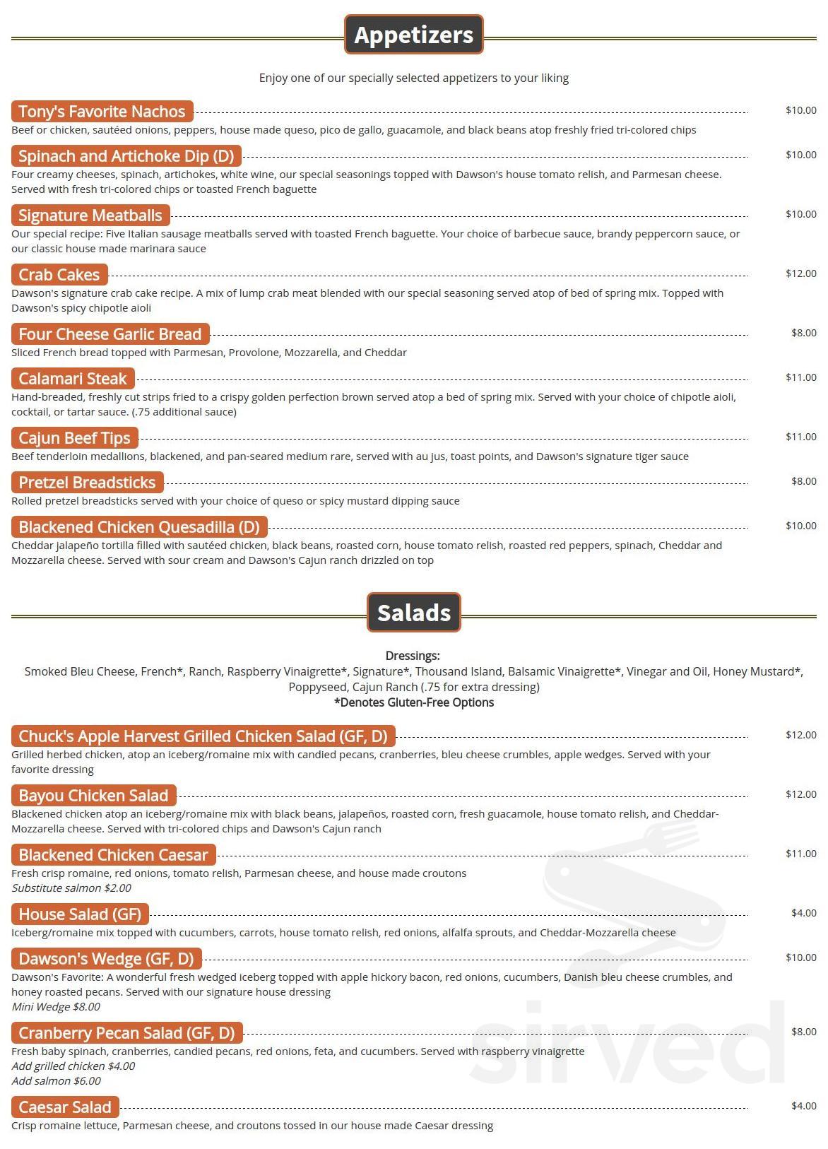 Menu for Dawson's On Main in Indianapolis, IN | Sirved