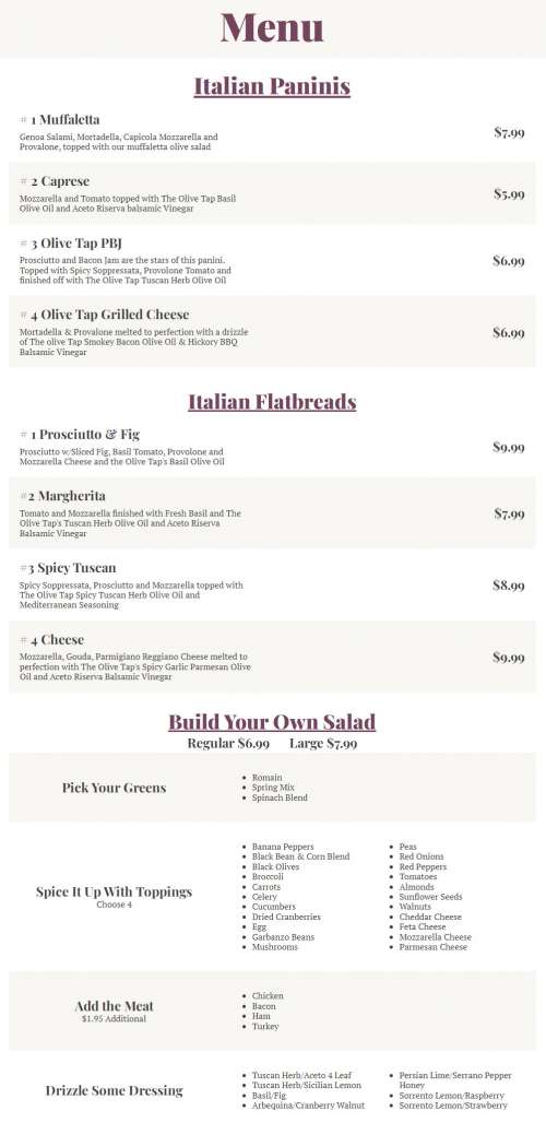 The Olive Tap menu in Ankeny, Iowa, USA