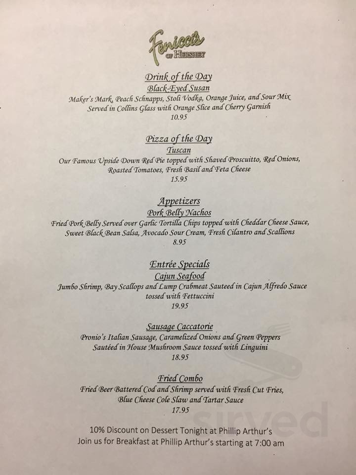 Menu for Fenicci's of Hershey in Hershey, PA | Sirved