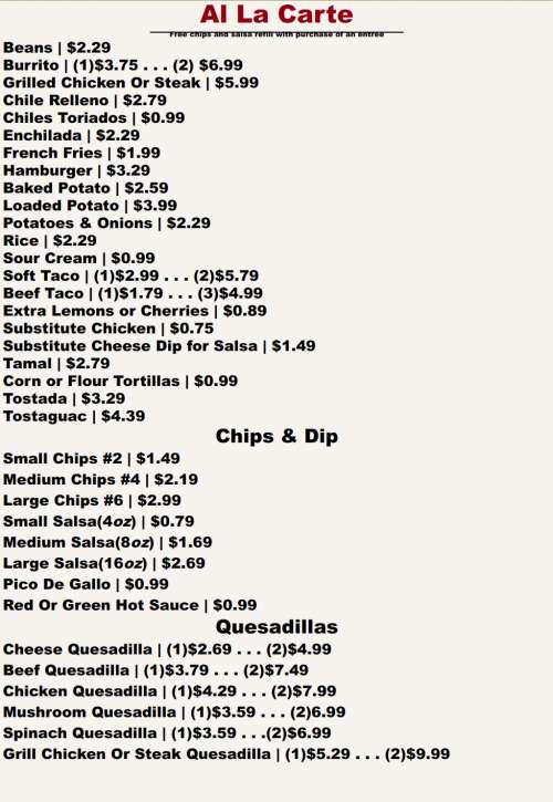 El Presidente Mexican Restaurant menu in Augusta, Georgia, USA
