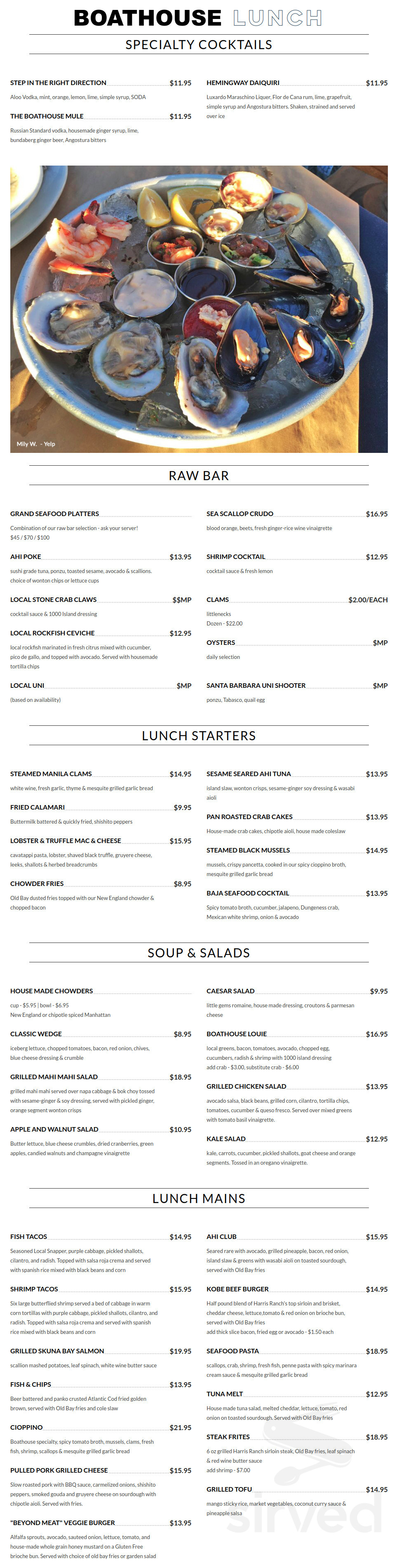 Boathouse at Hendry's Beach menu in Santa Barbara, California, USA