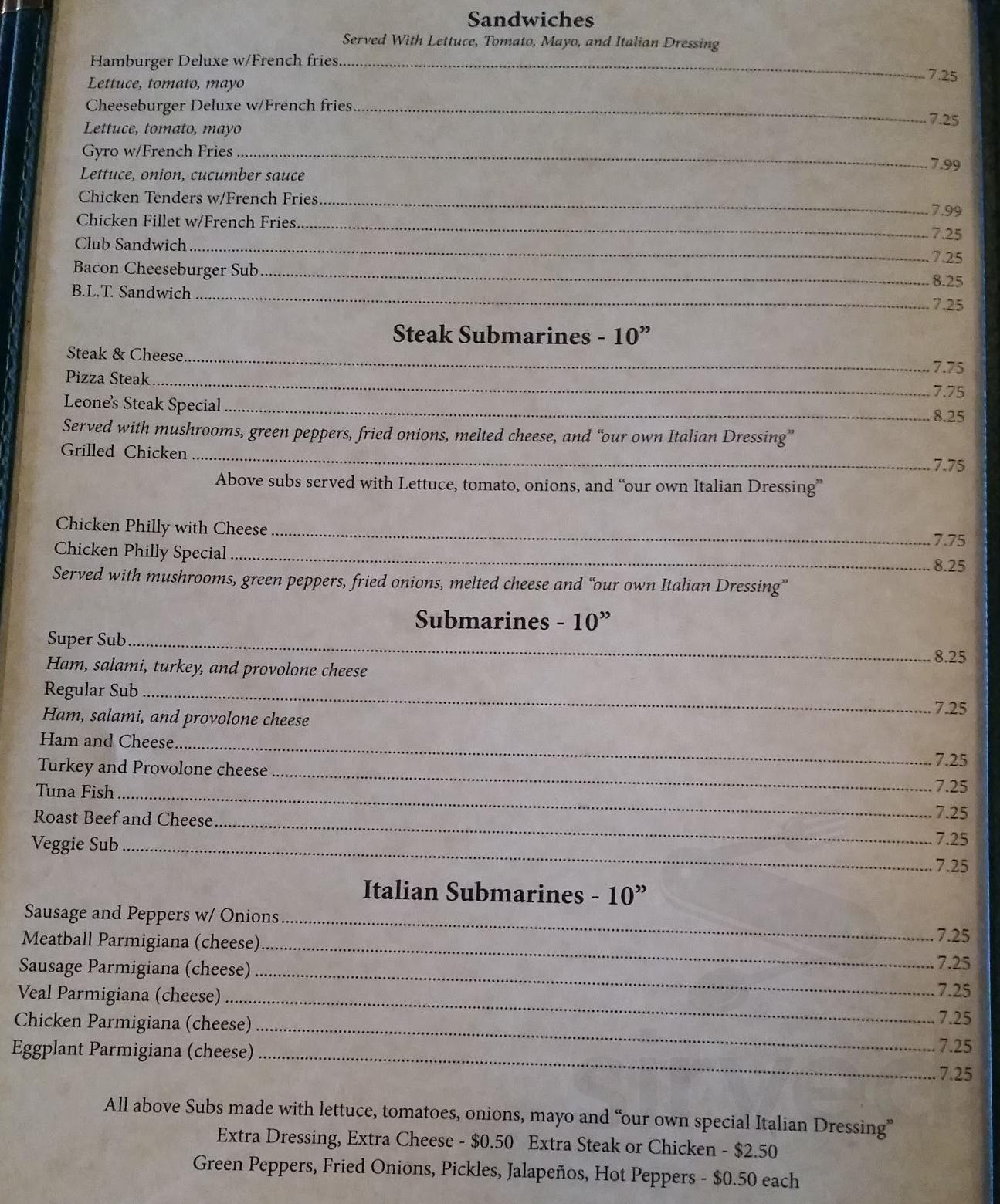 Leones Italian Restaurant menu in Hopewell, Virginia, USA