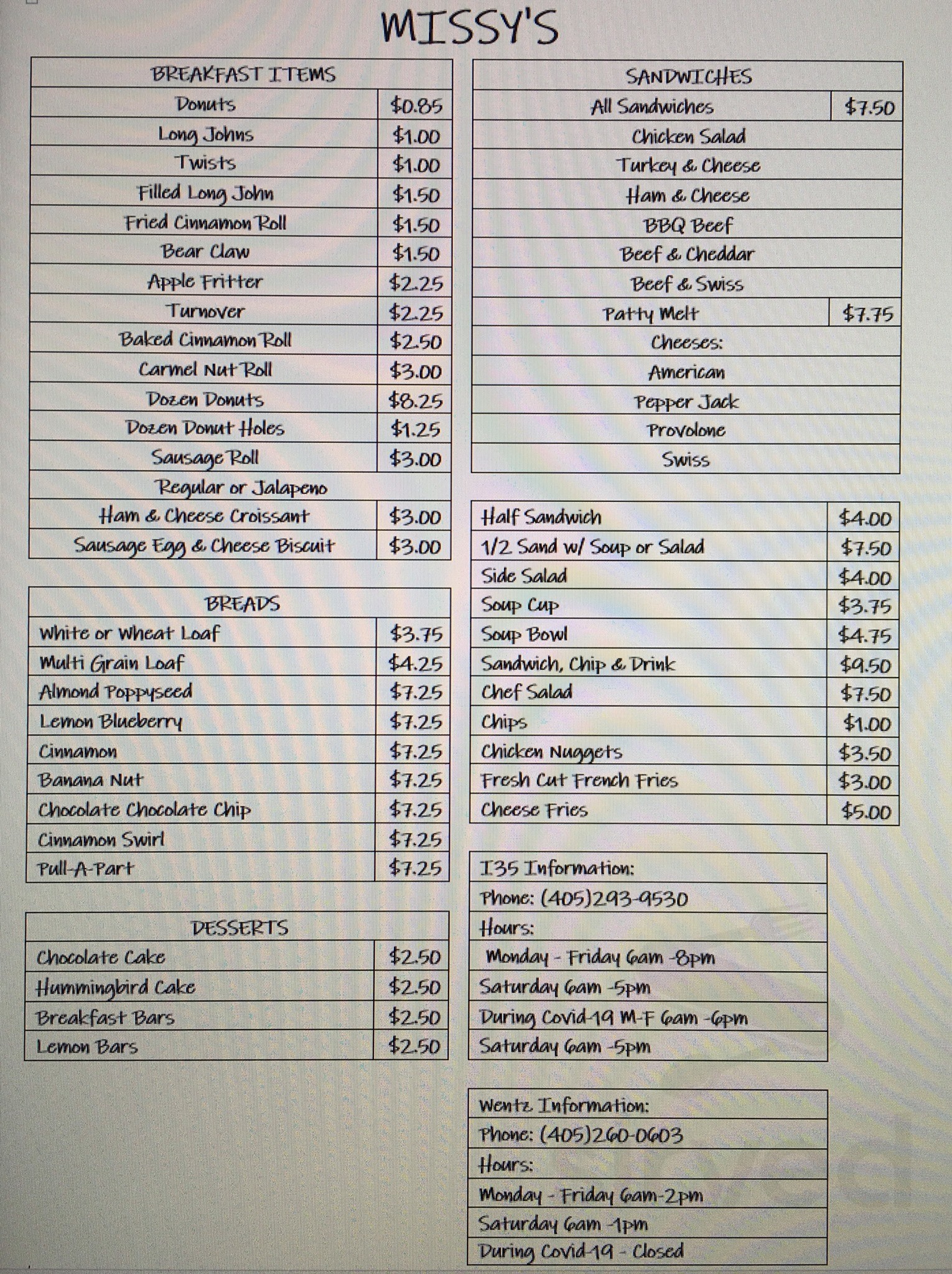 Missy's Donuts & Bakery menu in Guthrie, Oklahoma, USA