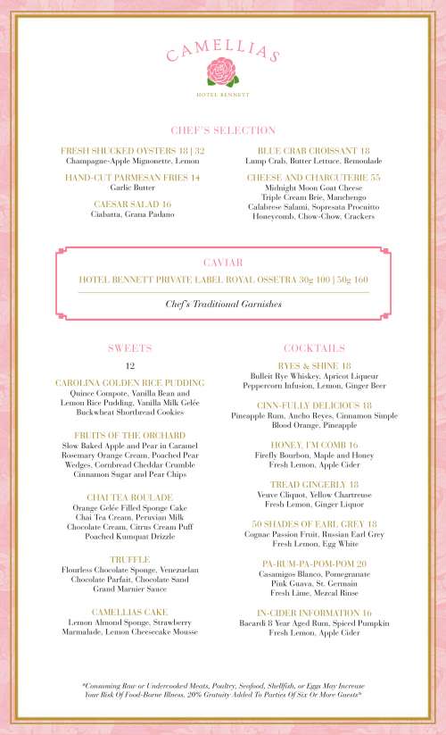 Camellias menu in Charleston, South Carolina, USA
