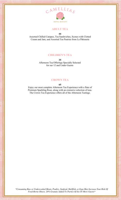 Camellias menu in Charleston, South Carolina, USA