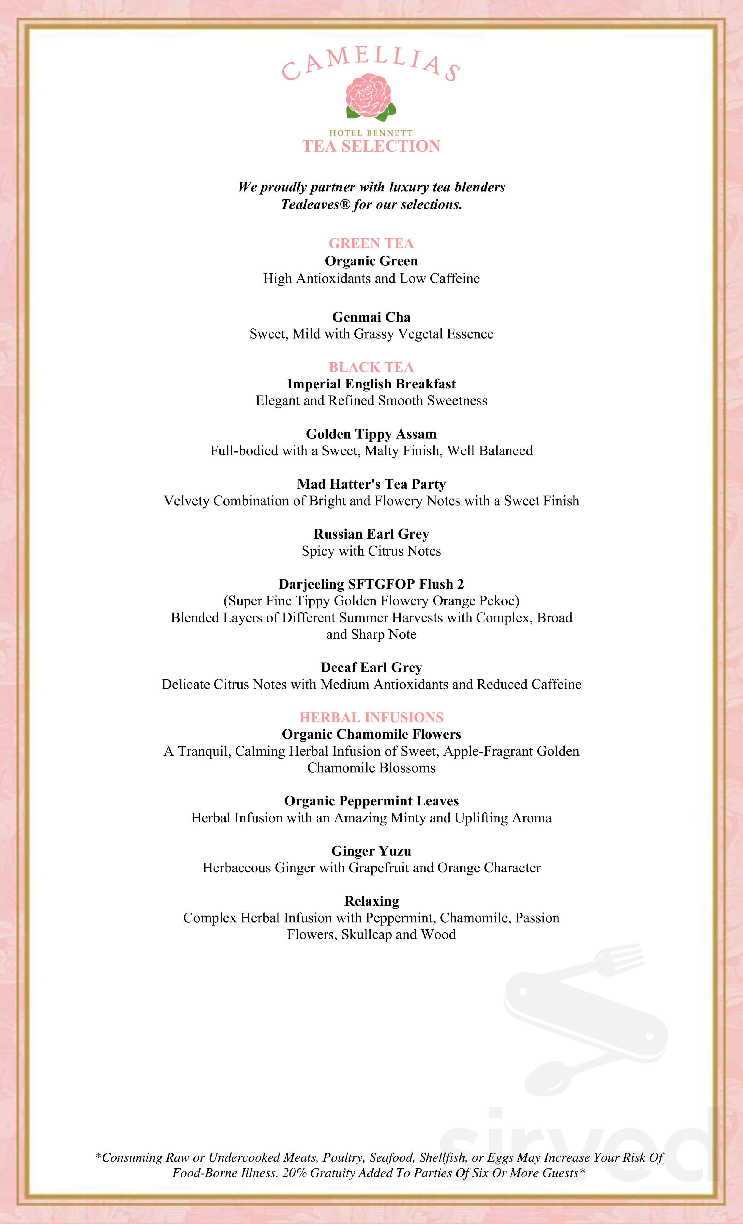 Camellias menu in Charleston, South Carolina, USA