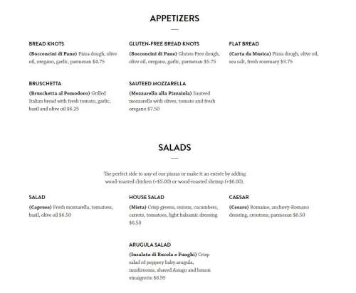 Pizzeria Piccola menu in Wauwatosa, Wisconsin, USA