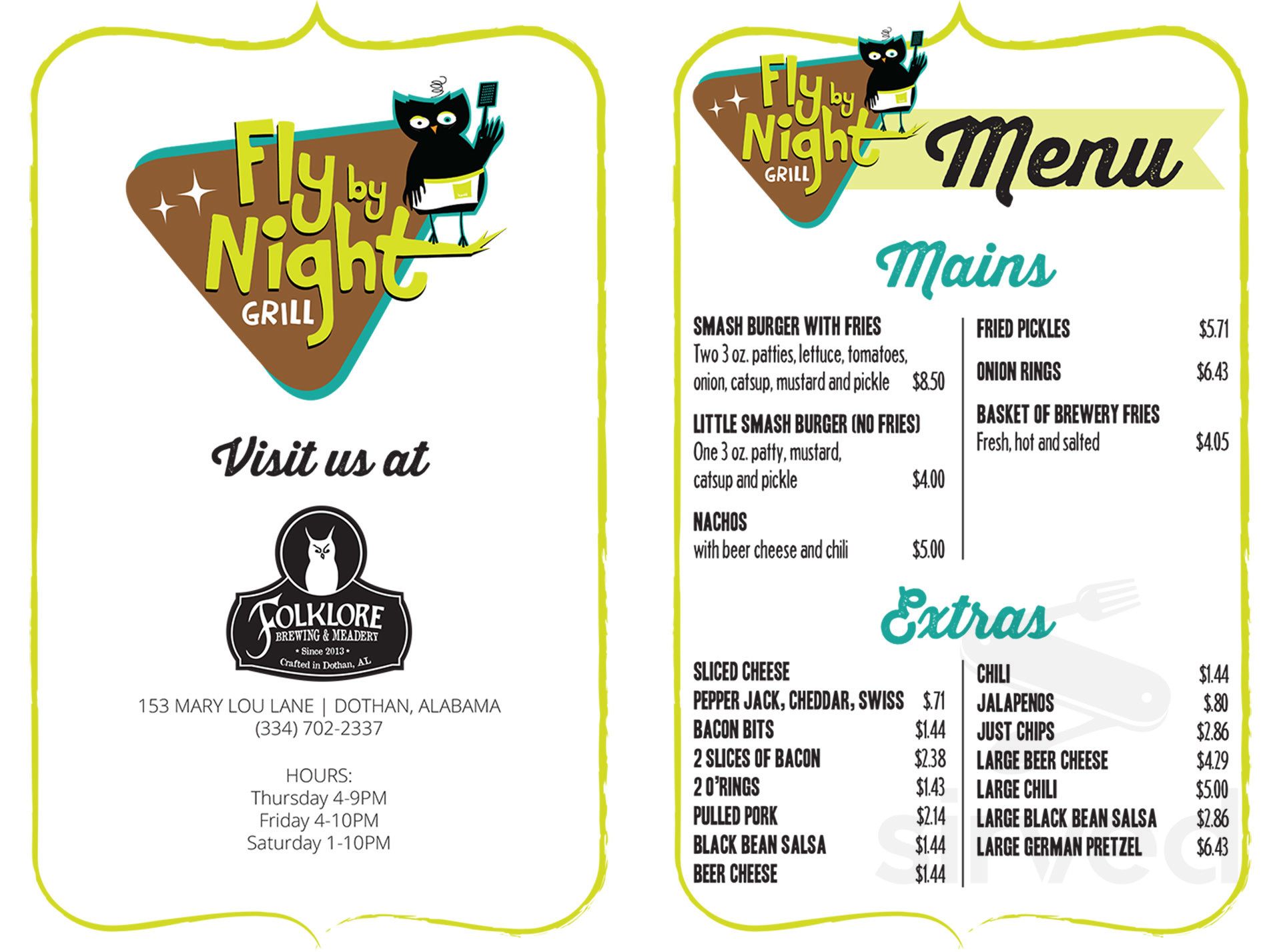 Menu - Dothan AL's Fly by Night Grill | Sirved