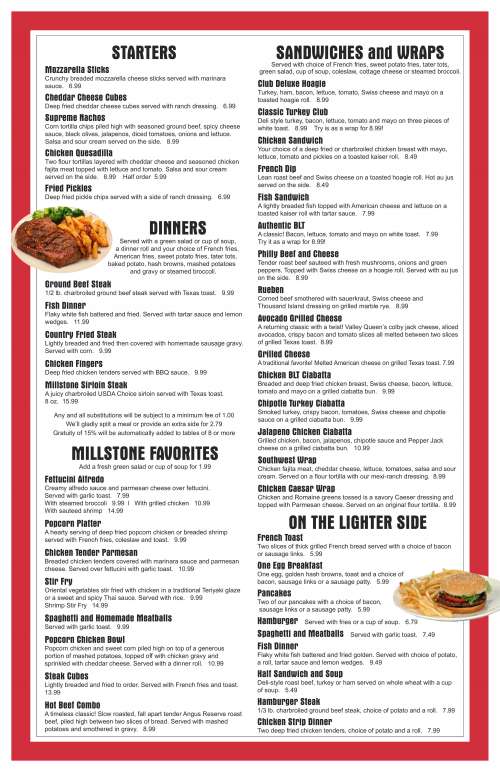 Millstone Family Restaurant menu in Milbank, South Dakota, USA