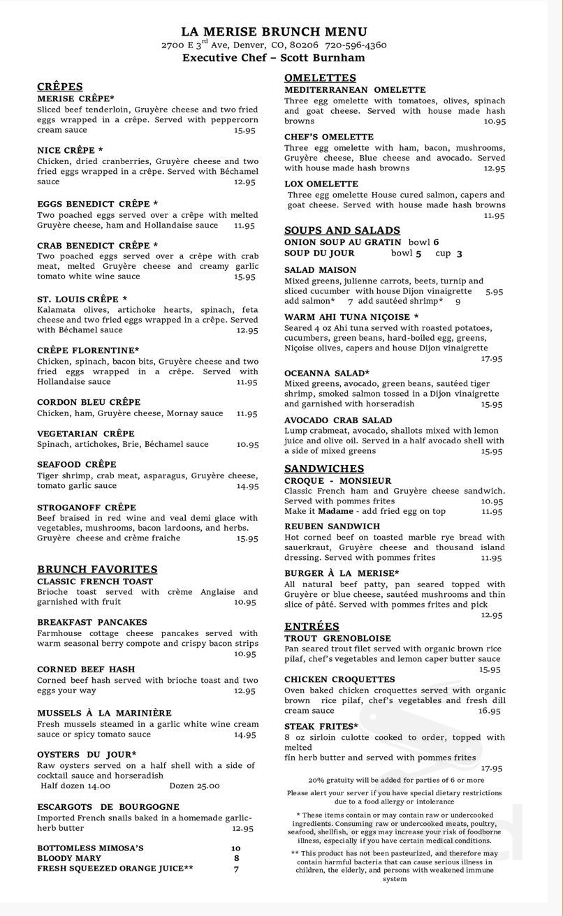 La Merise French Bistro menu in Denver, Colorado, USA