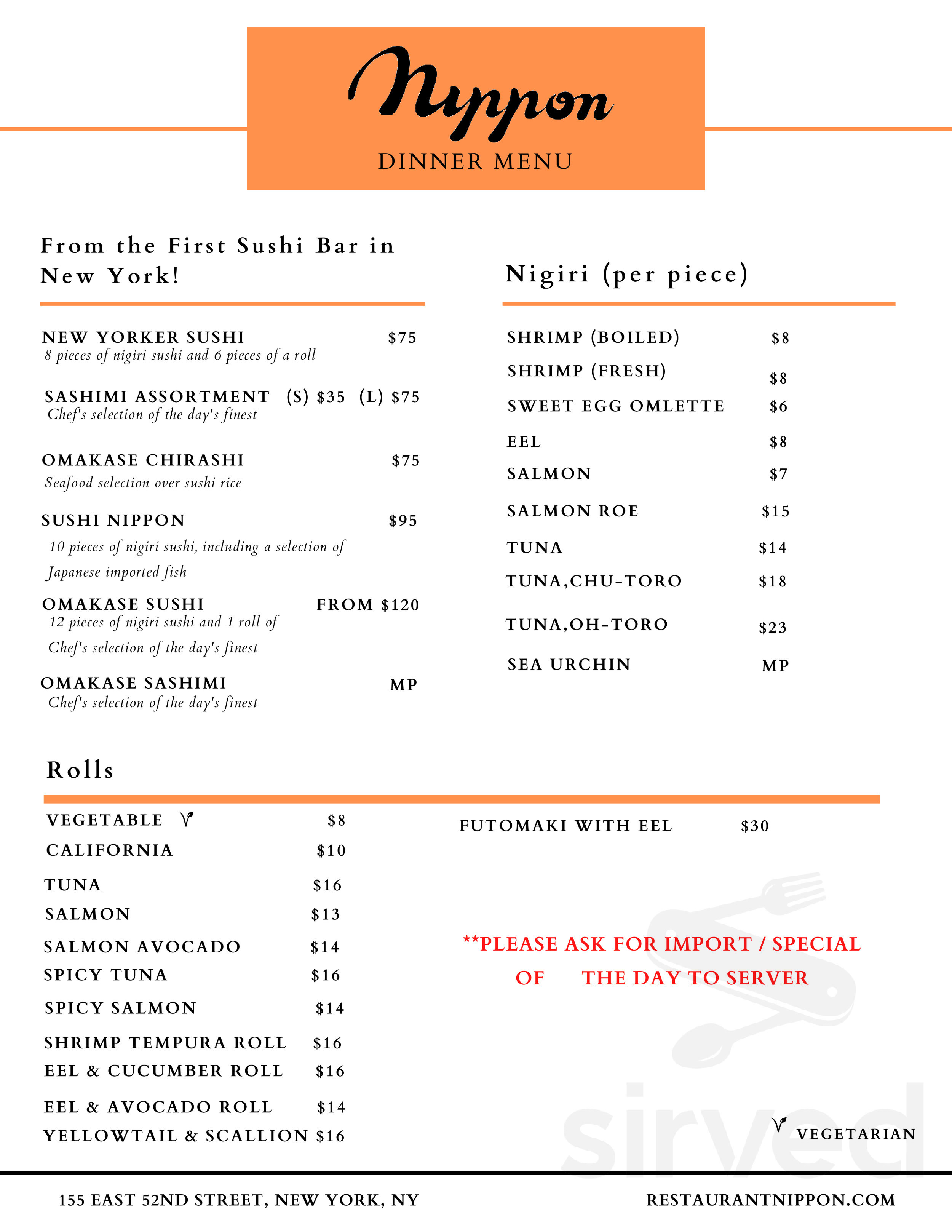 Nippon menu in New York, New York, USA