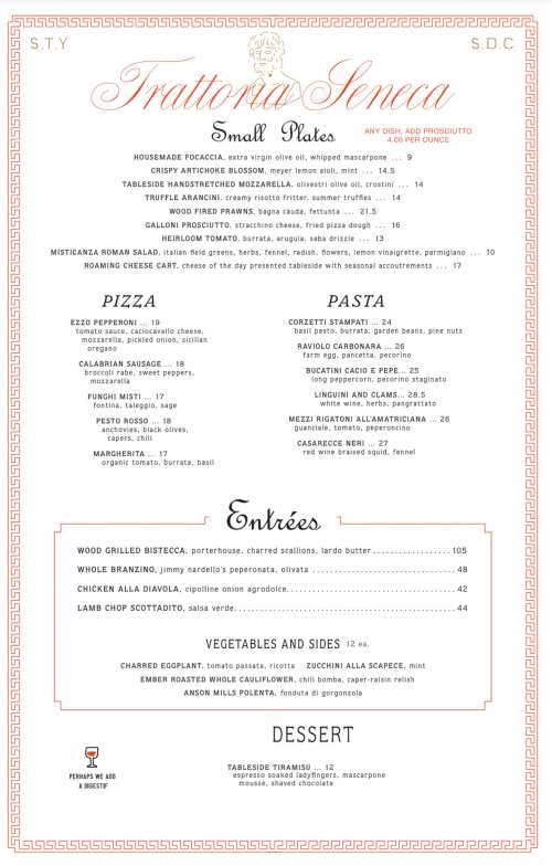 Seneca Trattoria menu in San Diego, California, USA