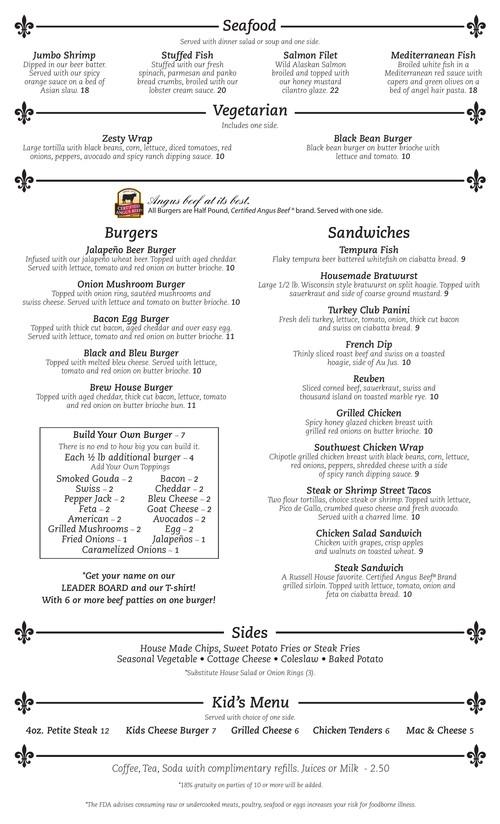 The Russell House Restaurant Inn and Brewery menu in Hillsboro ...