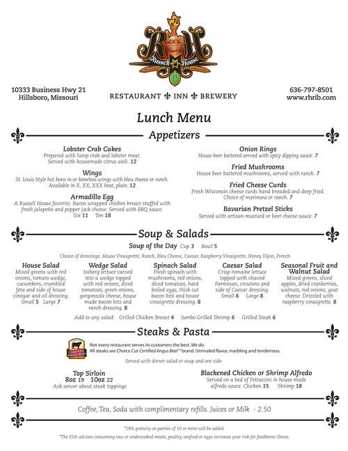 The Russell House Restaurant Inn and Brewery menu in Hillsboro ...